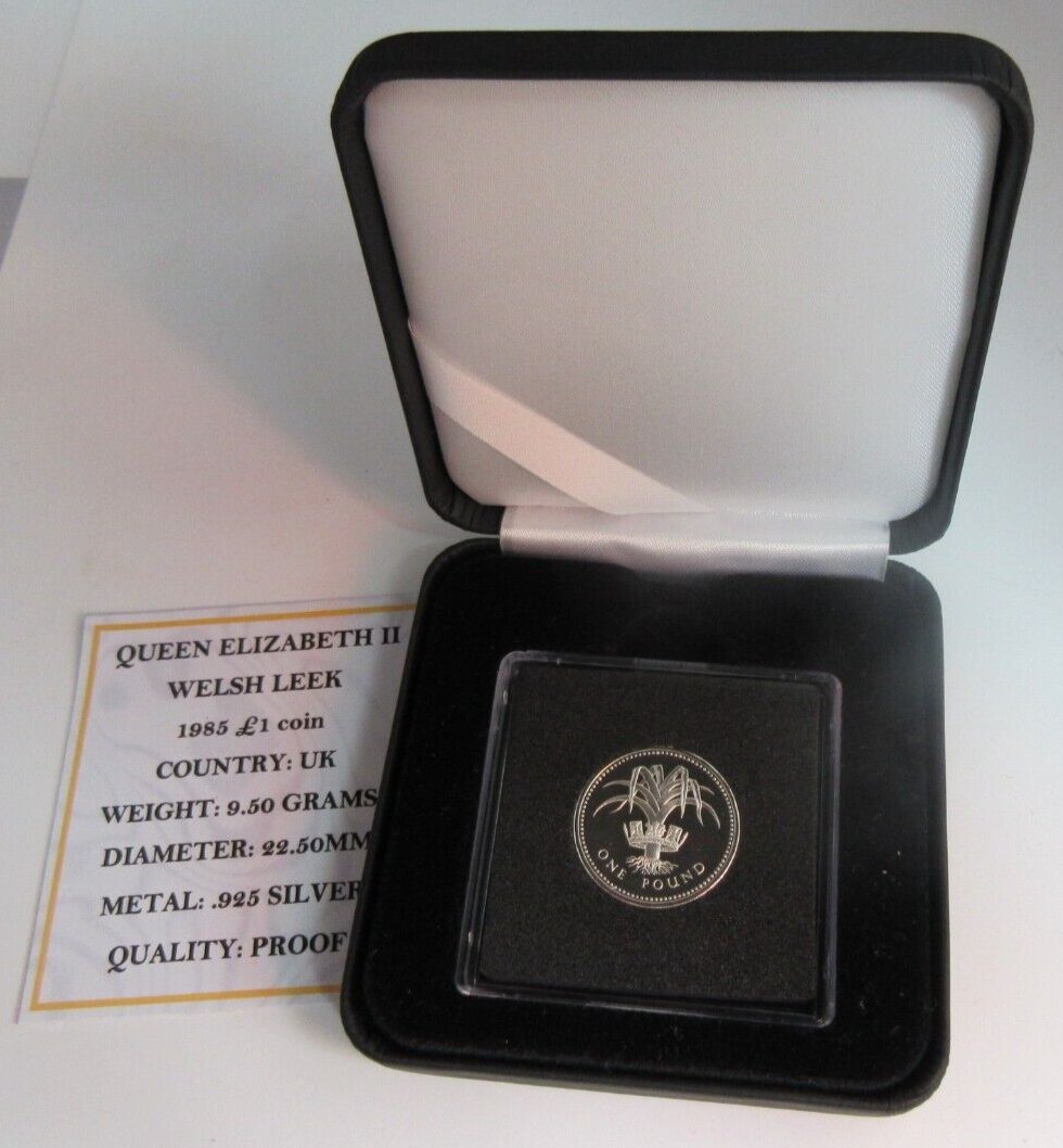 1985 £1 QUEEN ELIZABETH II WELSH LEEK SILVER PROOF ONE POUND COIN BOX ...