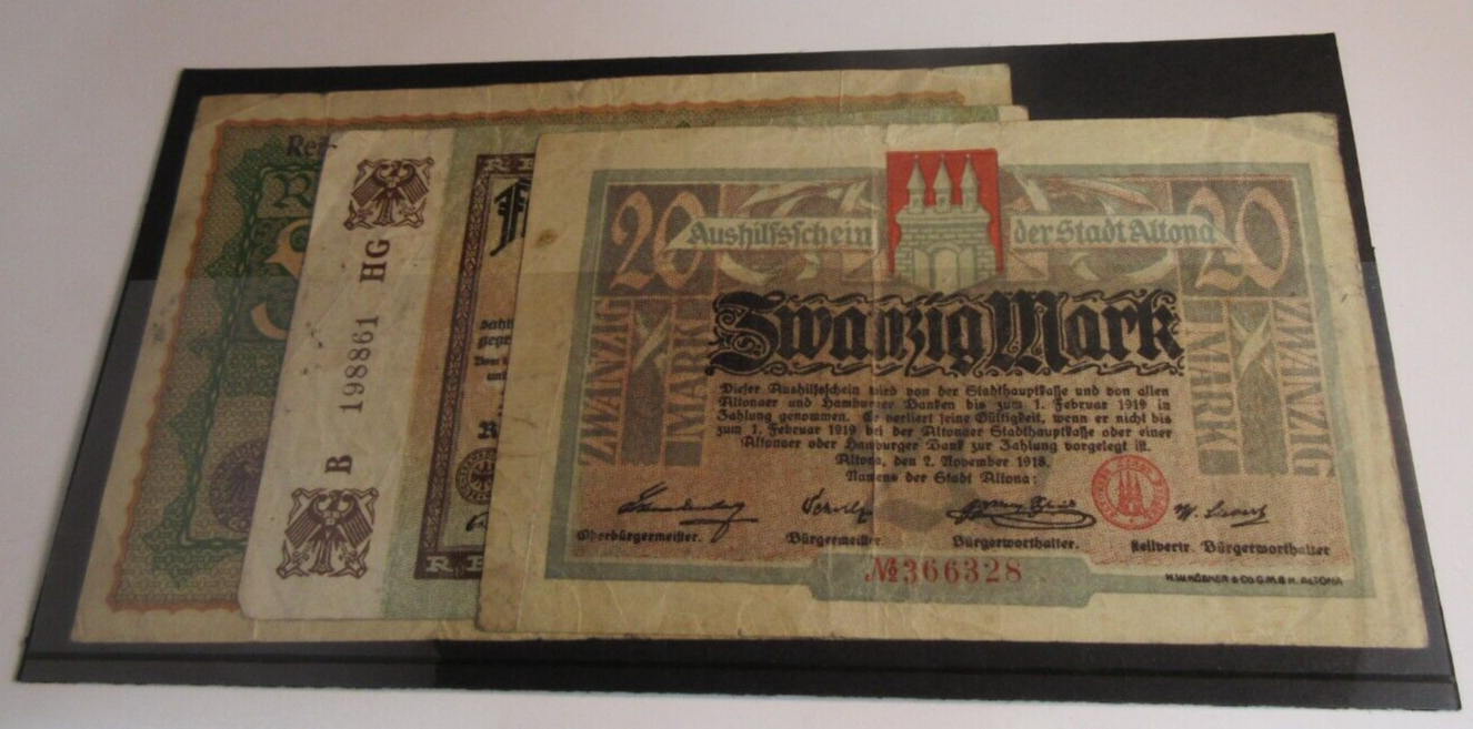GERMAN BANKNOTES 20 50 5000 MARK REICHSBANKNOTES 1919 & 1922 WITH NOTE ...