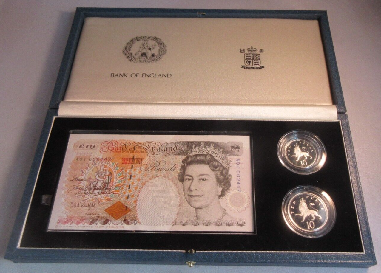 1992 SPECIAL COMMEMORATIVE ISSUES NEW £10 BANKNOTE & S/PROOF 10P 2 COI ...