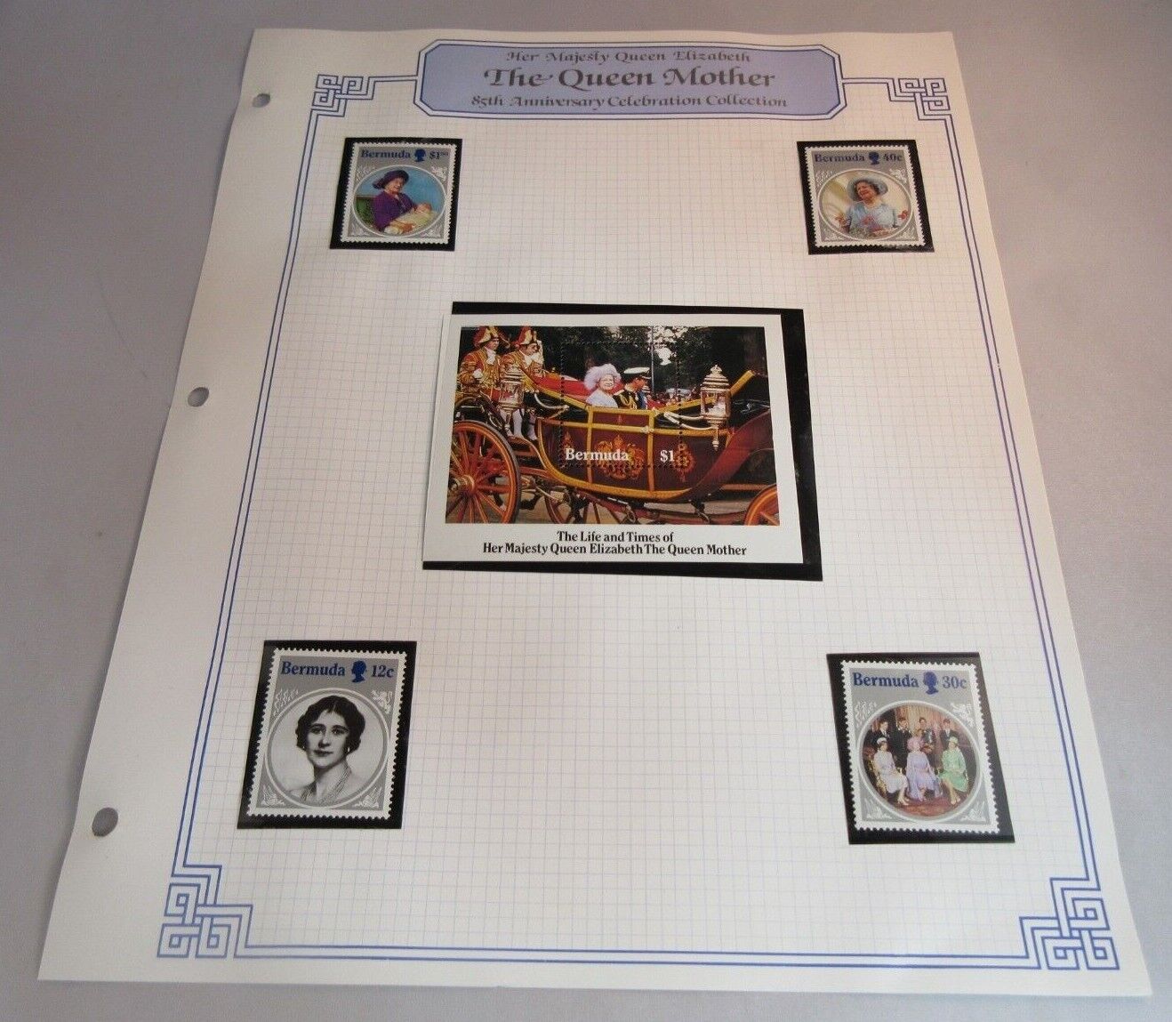 1985 HMQE QUEEN MOTHER 85th ANNIV COLLECTION BERMUDA STAMPS ALBUM SHEE ...