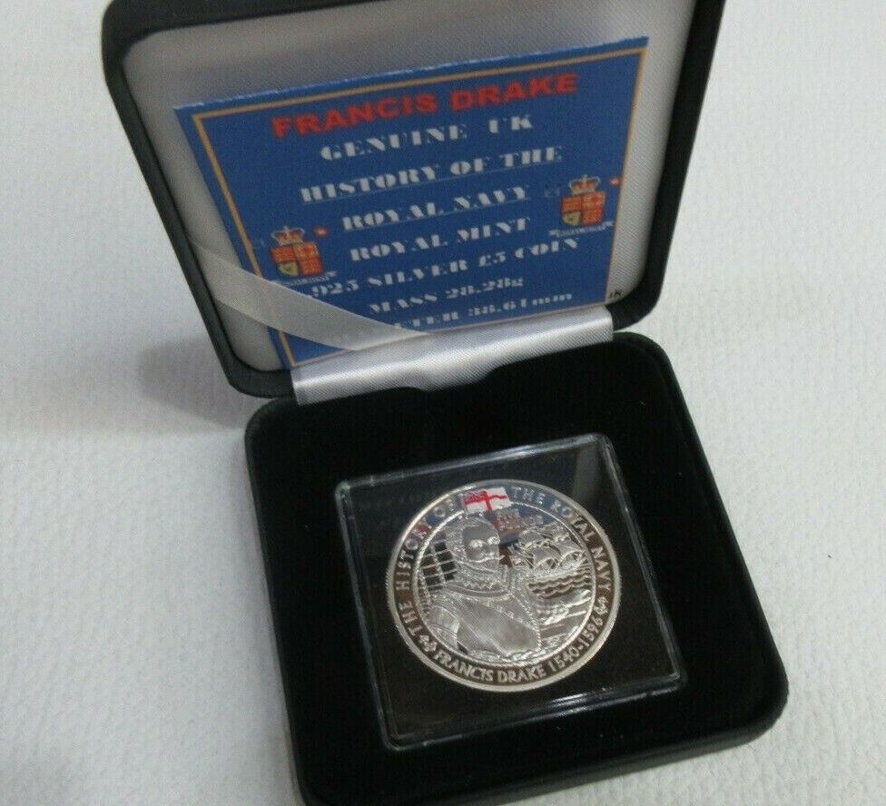 2003 HISTORY OF THE ROYAL NAVY FRANCIS DRAKE SILVER PROOF £5 COIN ROYA ...