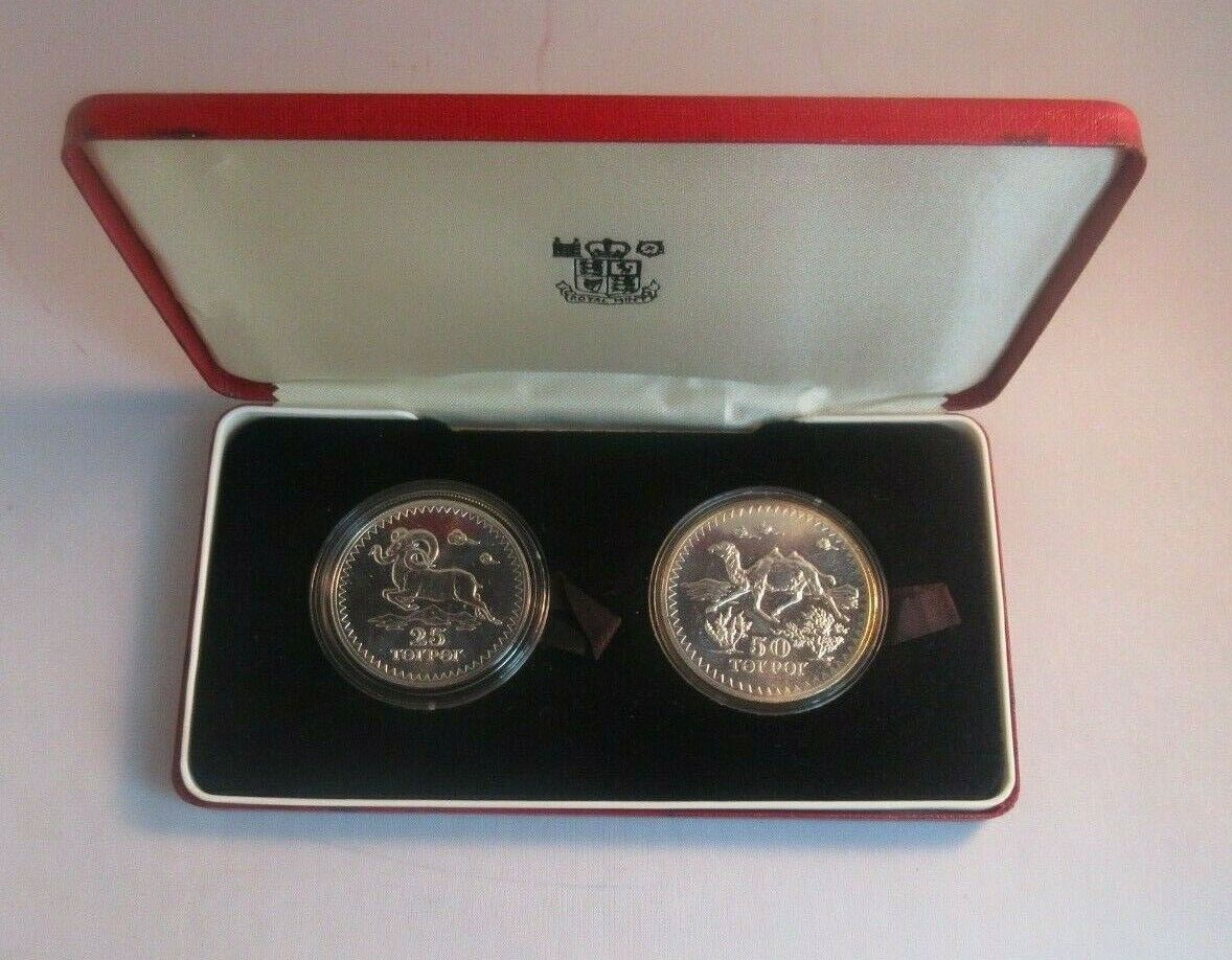 1976 ROYAL MINT MONGOLIA 25 & 50 TUKHRIK CONSERVATION SILVER COIN SET ...