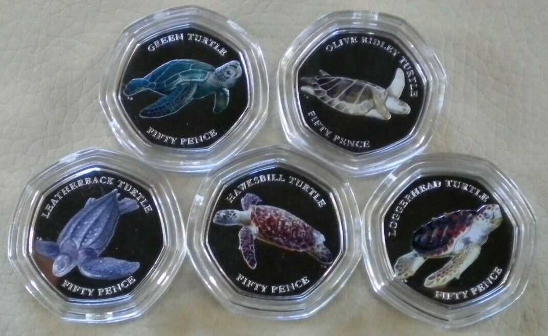 2019 Turtles British Indian Ocean Territory Coloured Cu-Ni 50p's In Po ...