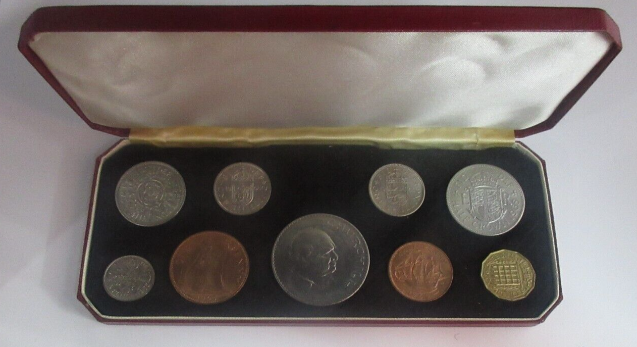 1965 Churchill UK 9 Coin Specimen Year set 1/2p -Crown + Original Roya ...