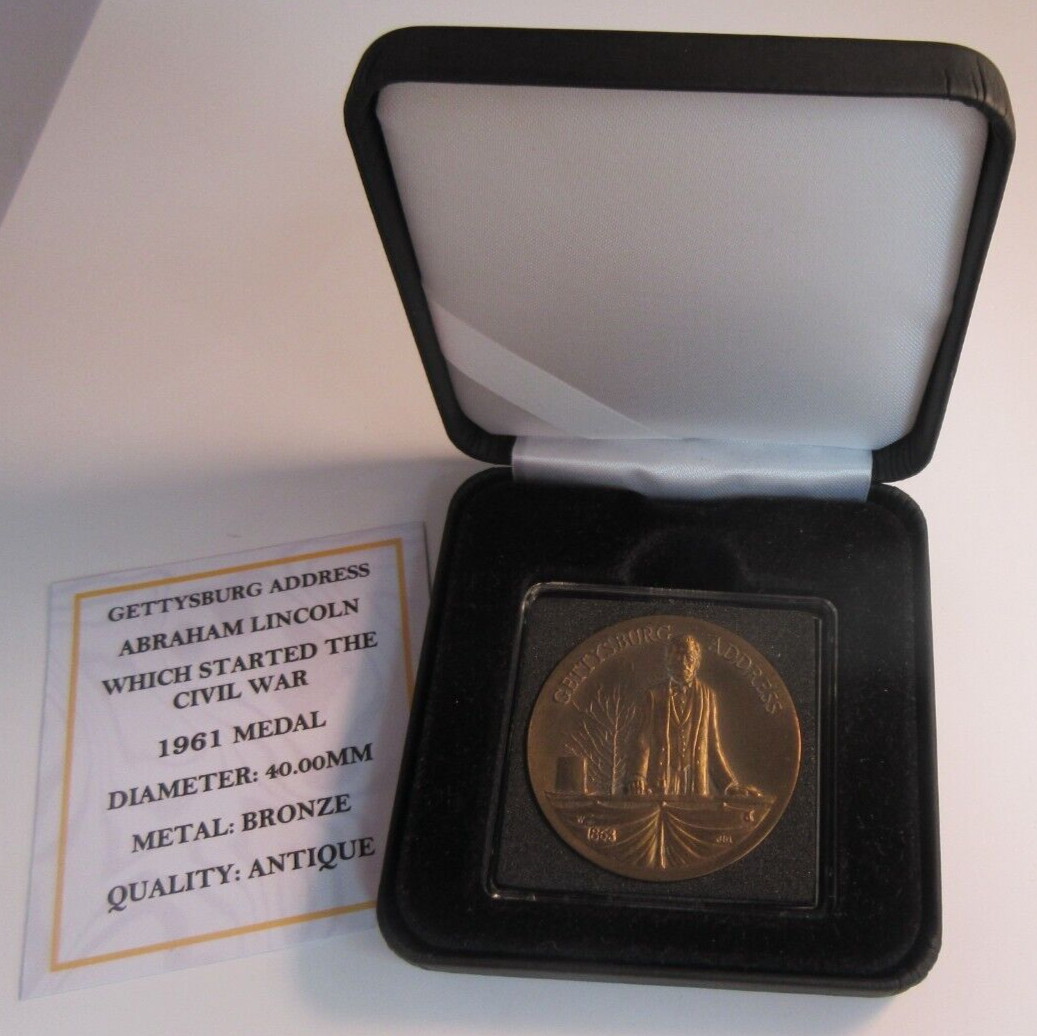 1961 ABRAHAM LINCOLN GETTYSBURG ADDRESS ANTIQUE BRONZE MEDAL BOX & COA ...