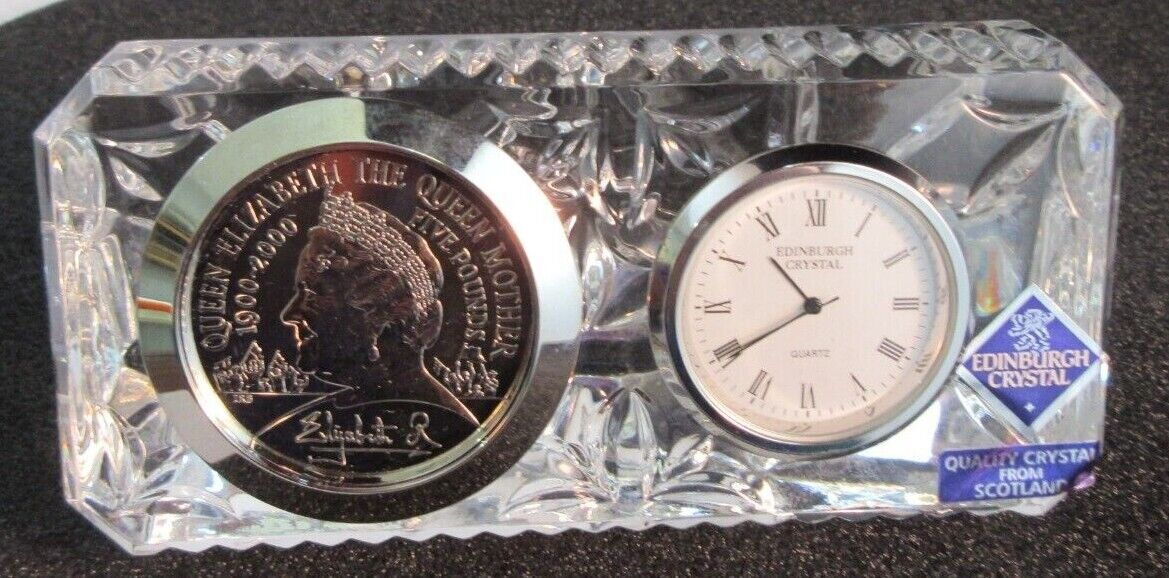 EDINBURGH CRYSTAL CLOCK WITH QUEEN ELIZABETH THE QUEEN MOTHER CROWN CO ...