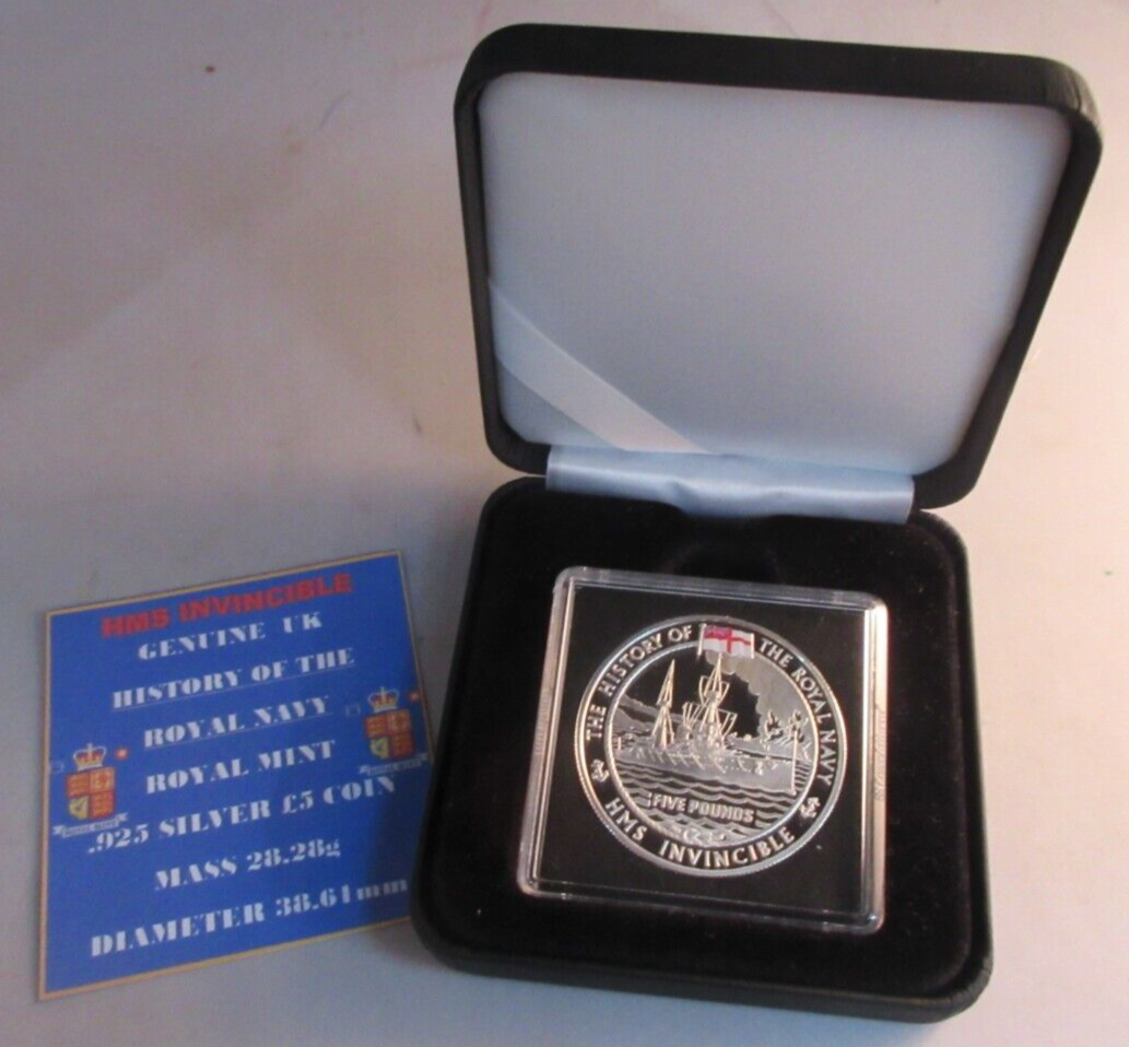 2004 HISTORY OF THE ROYAL NAVY HMS INVINCIBLE SILVER PROOF £5 COIN ROY ...